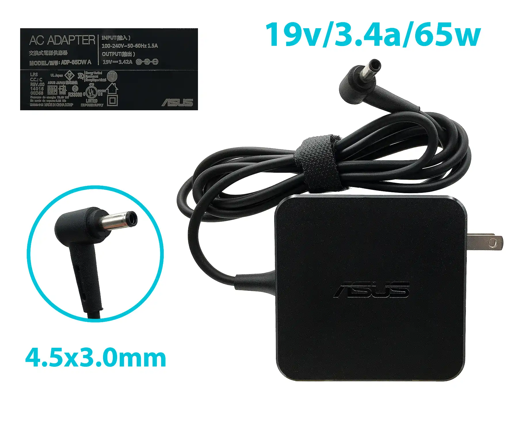 CARGADOR ASUS 19v/3.42a/65W/4.5x3.0mm PLUG AGUJA MINI TIPO PARED *ORIGINAL*